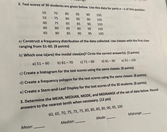 Solved 2. Test scores of 30 students are given below. Use | Chegg.com