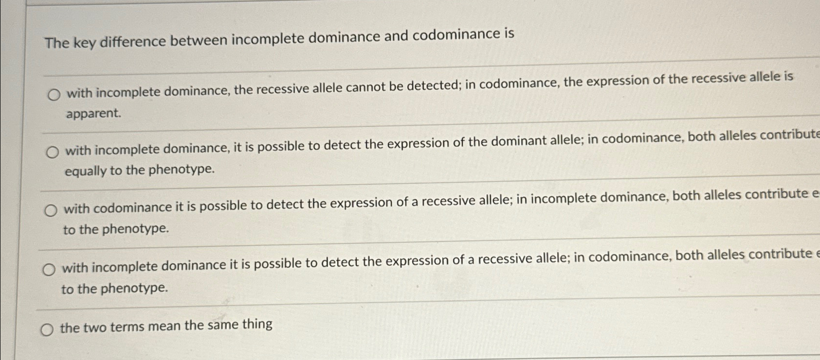 Solved The key difference between incomplete dominance and | Chegg.com