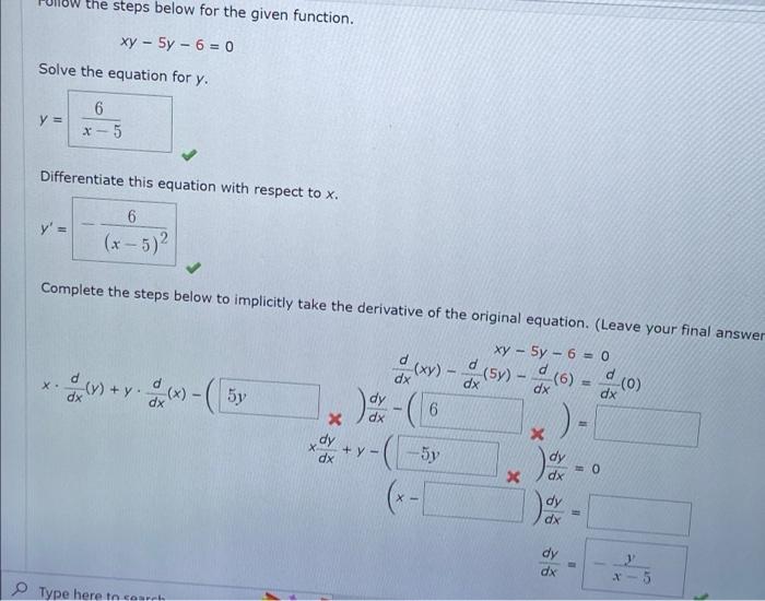 Solved the steps below for the given function. xy – 5y – 6 = | Chegg.com