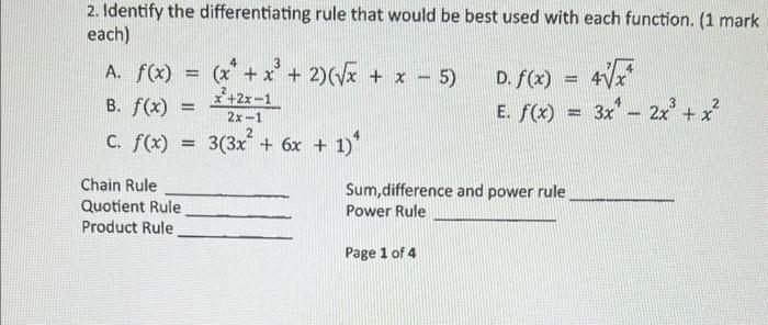 Solved 2. Identify the differentiating rule that would be | Chegg.com