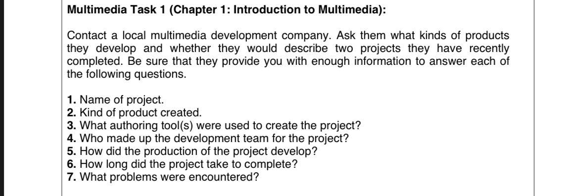 Solved Multimedia Task 1 (Chapter 1: Introduction to | Chegg.com