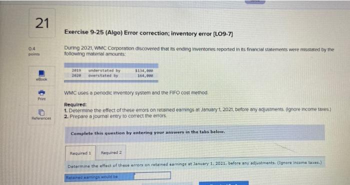 Solved 21 Exercise 9-25 (Algo) Error correction; inventory | Chegg.com