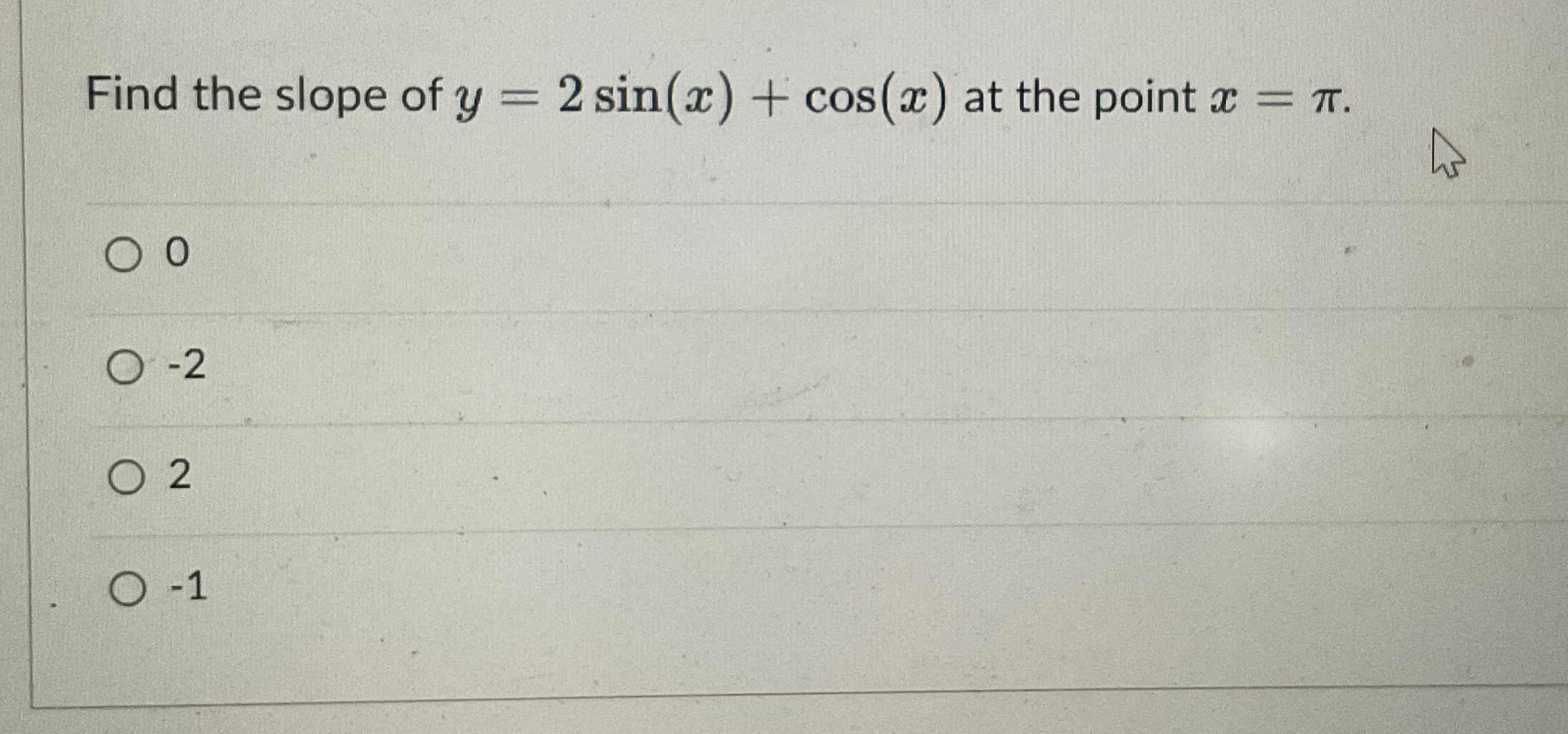 Solved Find the slope of y=2sin(x)+cos(x) ﻿at the point | Chegg.com