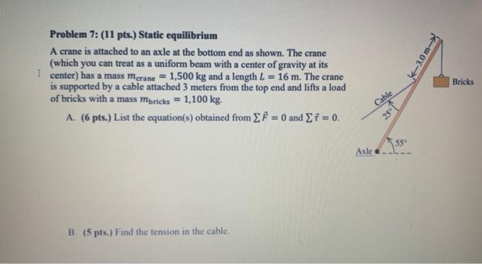 Solved Problem 7: (11 pts.) Static equilibrium A crane is | Chegg.com