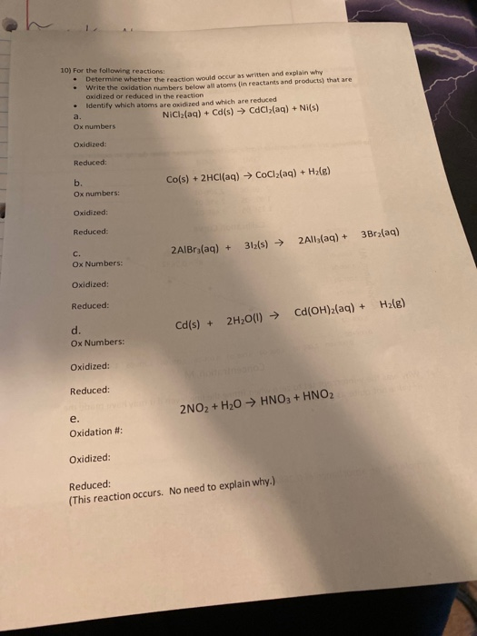 Solved . 10) For the following reactions: Determine whether | Chegg.com