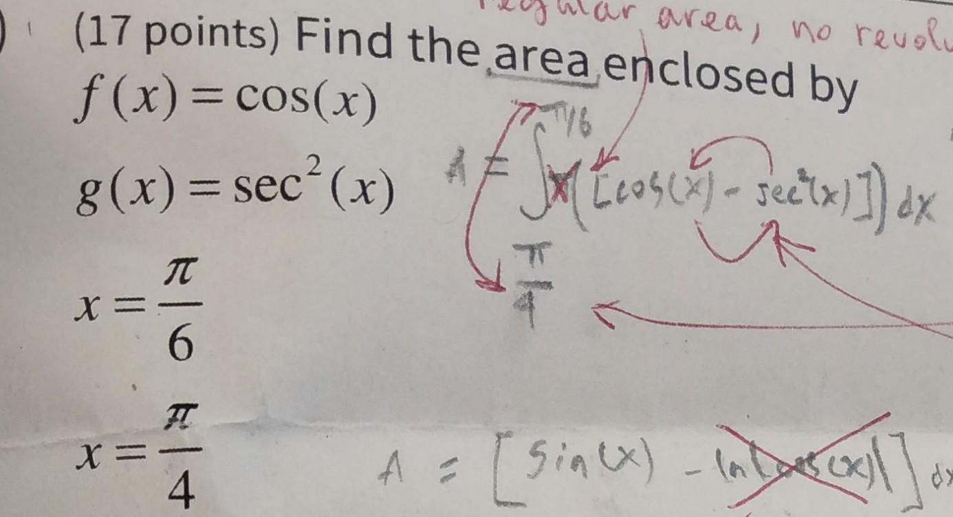 Solved (17 points) Find the area enclosed by f(x)=cos(x) | Chegg.com