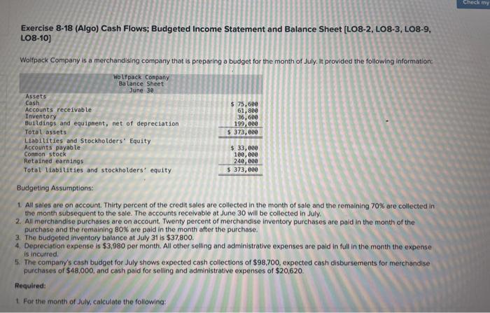 Solved Exercise 8-18 (Algo) Cash Flows; Budgeted Income | Chegg.com