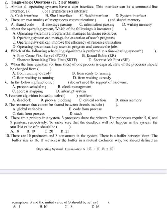Solved 2. Single-choice Questions (20,2 per blank) 1. Almost | Chegg.com