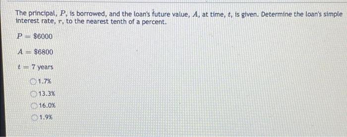 Solved The principal, P, is borrowed, and the loan's future | Chegg.com