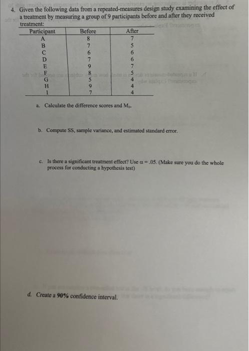 Solved 4. Given the following data from a repeated-measures | Chegg.com
