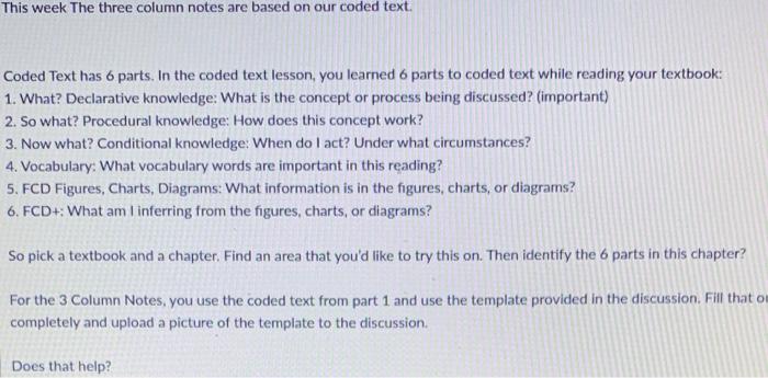 This week The three column notes are based on our | Chegg.com