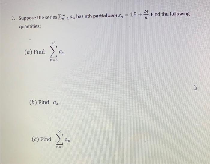 Solved 2. Suppose the series ∑n=1∞an has nth partial sum | Chegg.com