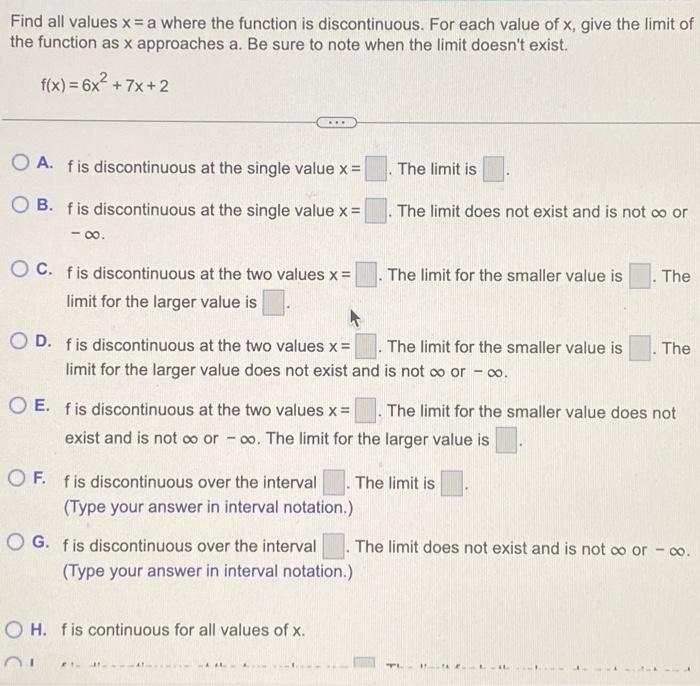 Solved Find all values x=a where the function is | Chegg.com