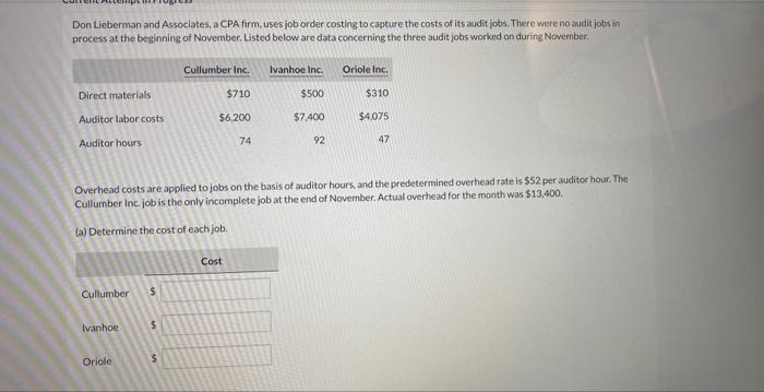 Solved Don Lieberman and Associates, a CPA firm, uses job | Chegg.com
