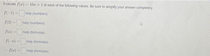 Solved Evaluate f(x)=10x+1 at each of the following values. | Chegg.com