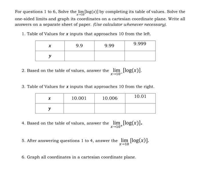 Solved For questions 1 to 6, Solve the lim [log(x)] by | Chegg.com