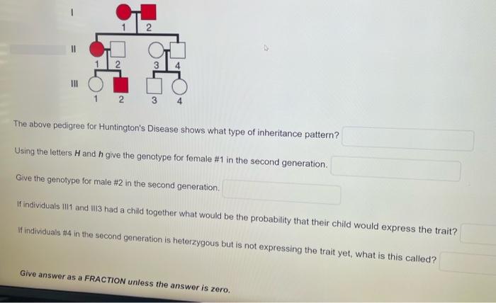 Solved 2 III 1 2 OO 3 4 The above pedigree for Huntington's | Chegg.com