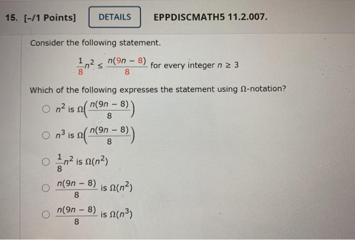Solved 15. [-/1 Points] DETAILS EPPDISCMATH5 11.2.007. | Chegg.com