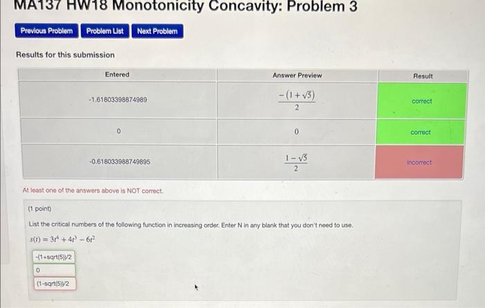 Solved MA137 HW18 Monotonicity Concavity: Problem 3 Results | Chegg.com