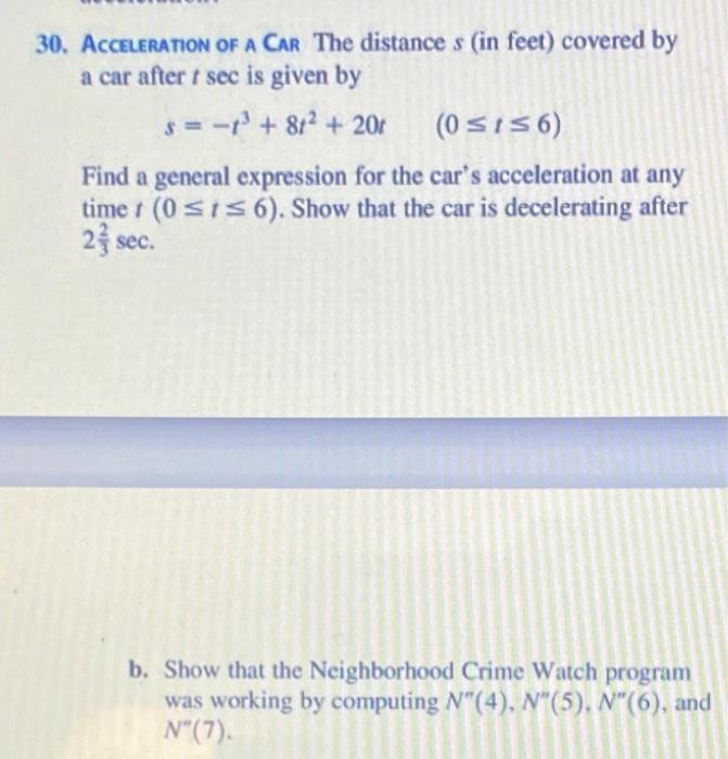 Solved 30. Acceleration of a Car. The distance s (in feet) | Chegg.com