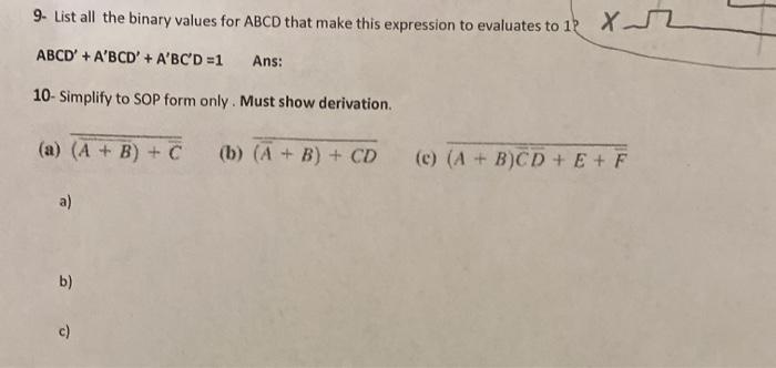 Solved 9- List all the binary values for ABCD that make this | Chegg.com