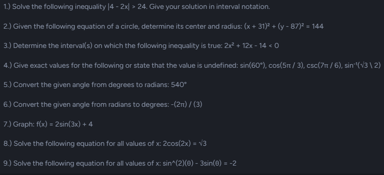 Solved 1.) ﻿Solve the following inequality |4-2x|>24. ﻿Give | Chegg.com