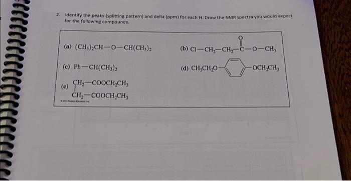 Solved 2. Identify the peaks (splitting pattern) and delta | Chegg.com