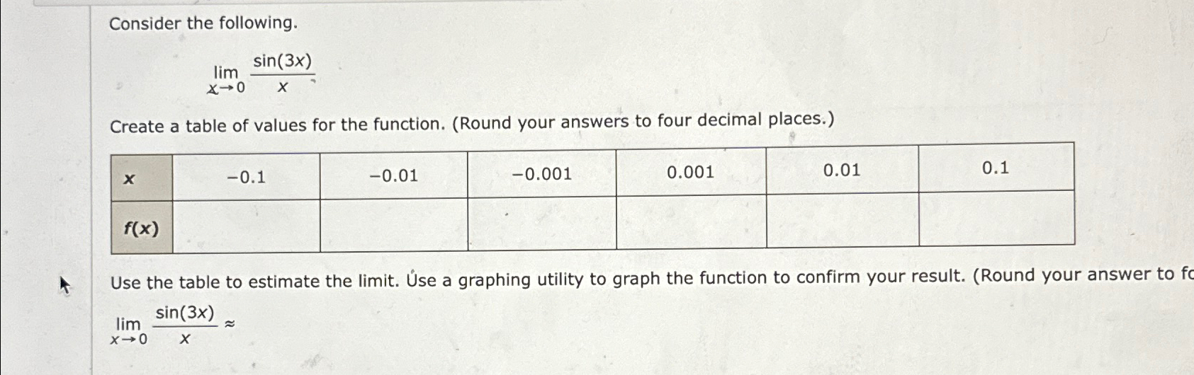 Solved Consider the following.limx→0sin(3x)xCreate a table | Chegg.com