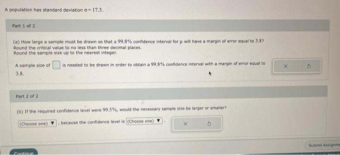Solved A population has standard deviation σ=17.3. Part 1 of | Chegg.com