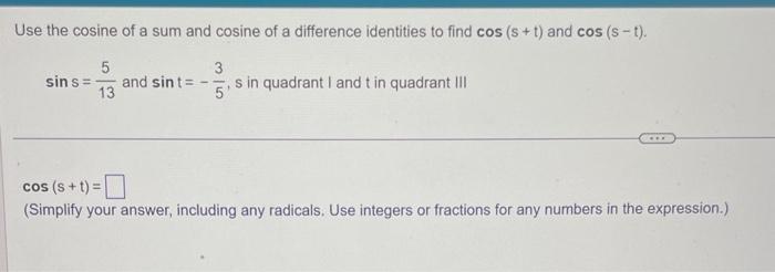 Solved Use the cosine of a sum and cosine of a difference | Chegg.com