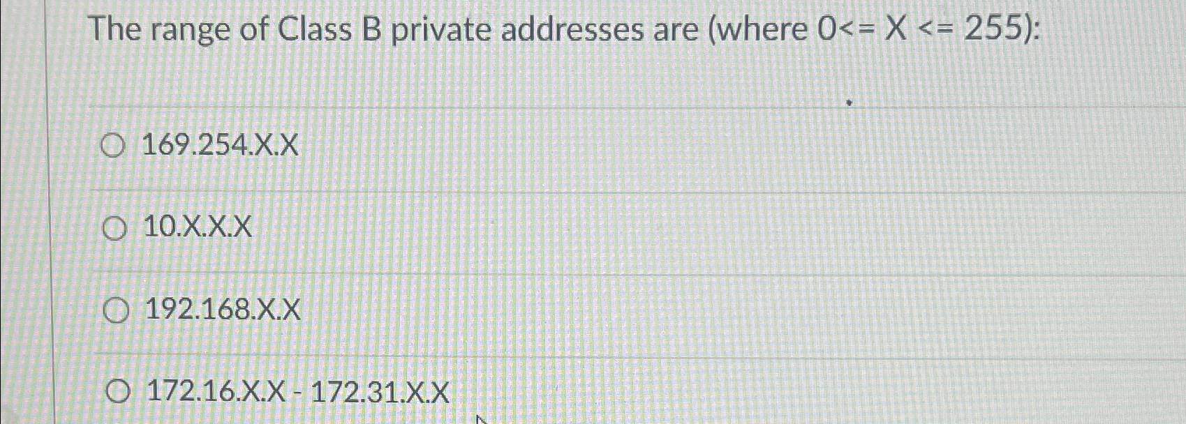 Solved The range of Class B private addresses are (where | Chegg.com
