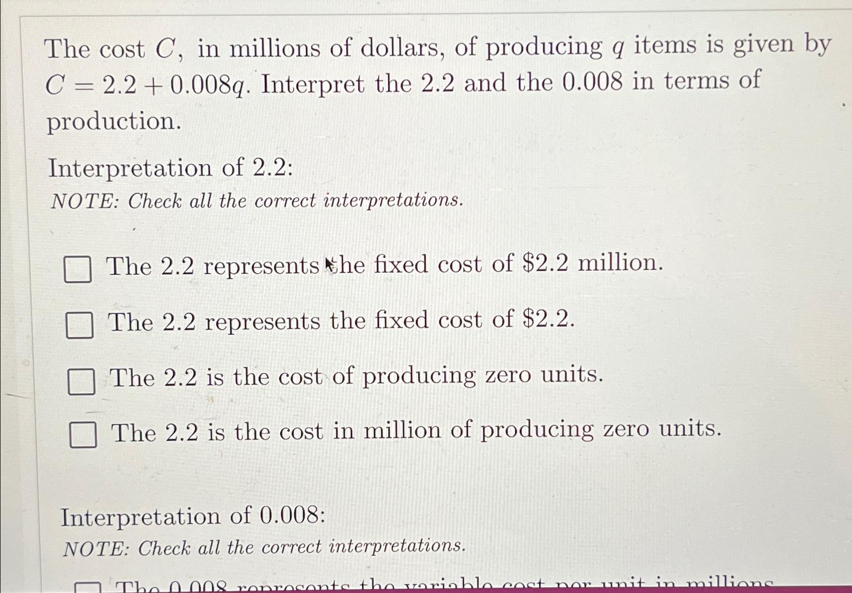Solved The cost C, in millions of dollars, of producing q | Chegg.com