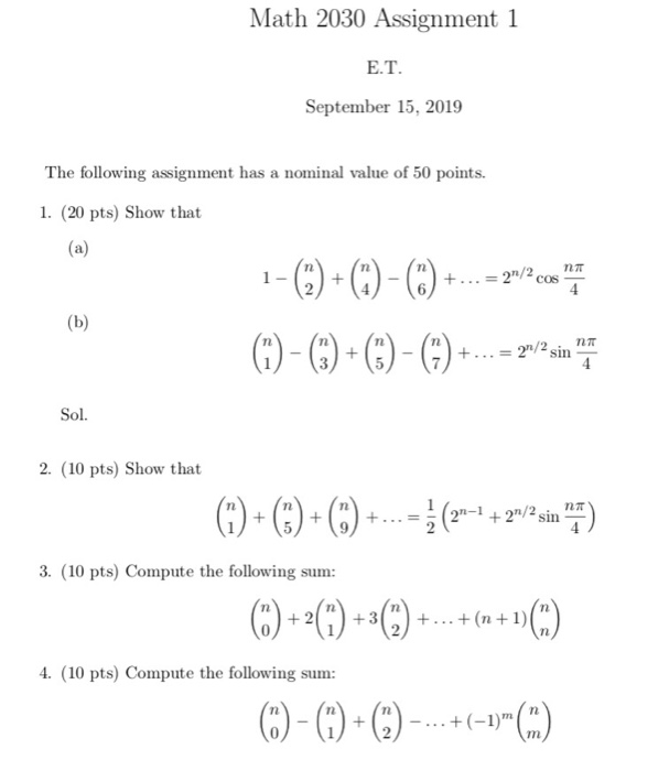 Solved Math 2030 Assignment 1 E.T. September 15, 2019 The | Chegg.com