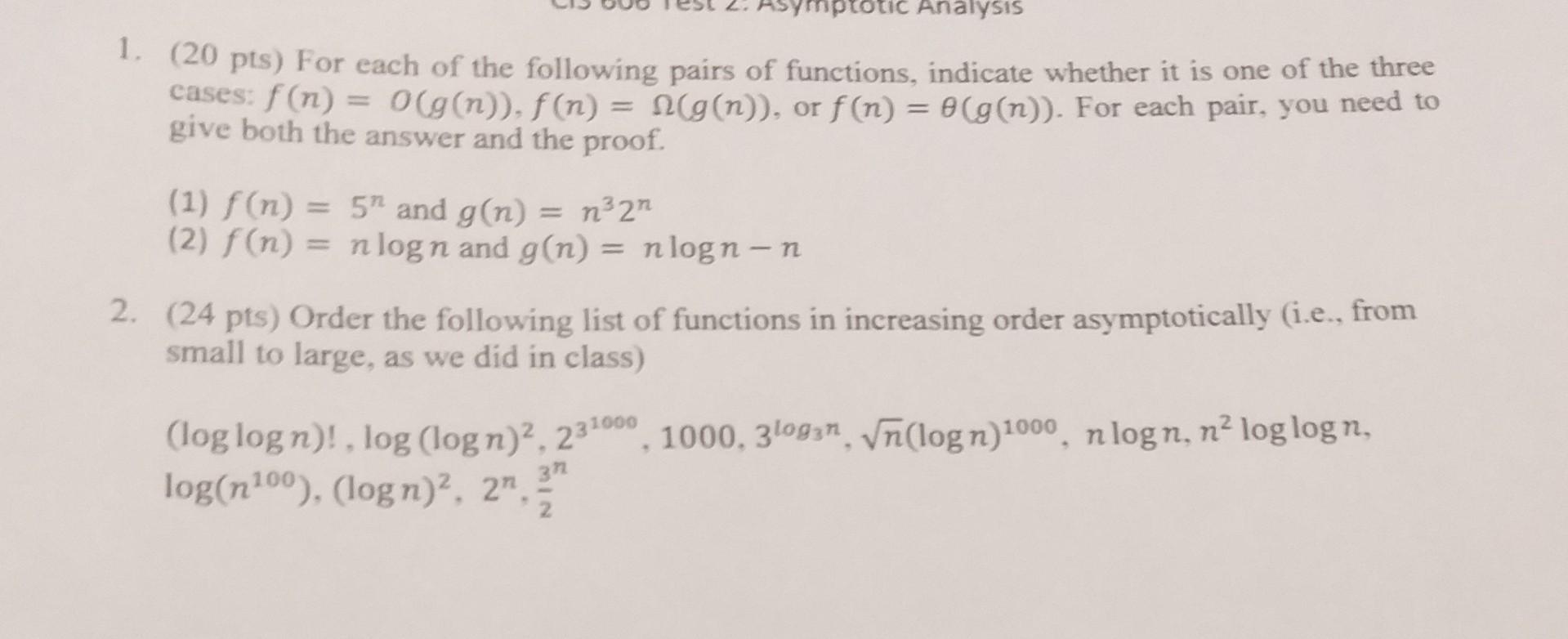Solved 1. (20 pts) For each of the following pairs of | Chegg.com