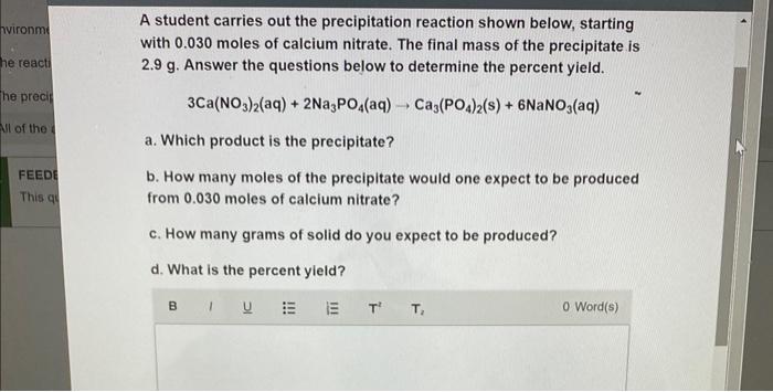 Solved A student carries out the precipitation reaction | Chegg.com