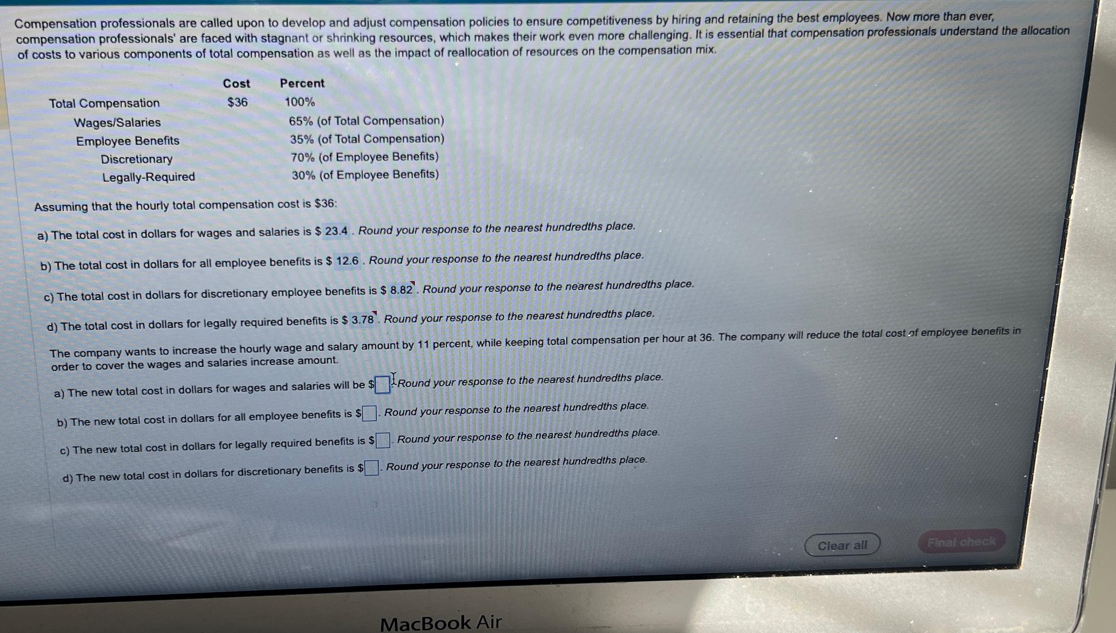 Solved of costs to various components of total compensation | Chegg.com