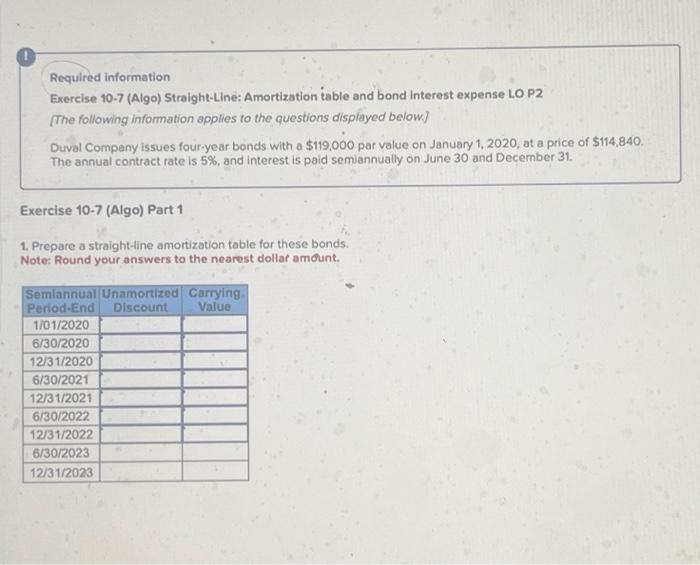 Solved (1) Required information Exercise 10-7 (Algo) | Chegg.com