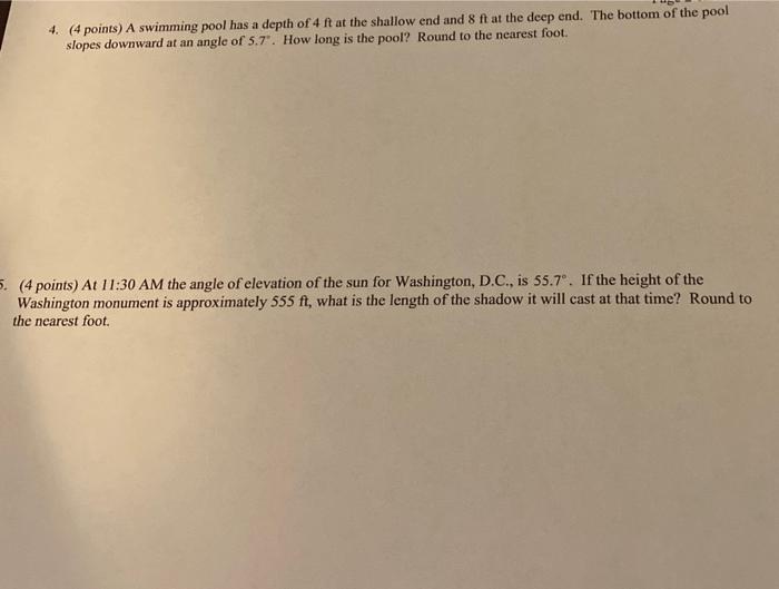 Solved 4. (4 points) A swimming pool has a depth of 4 ft at | Chegg.com