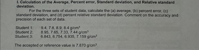 Solved I. Calculation of the Average, Percent error, | Chegg.com