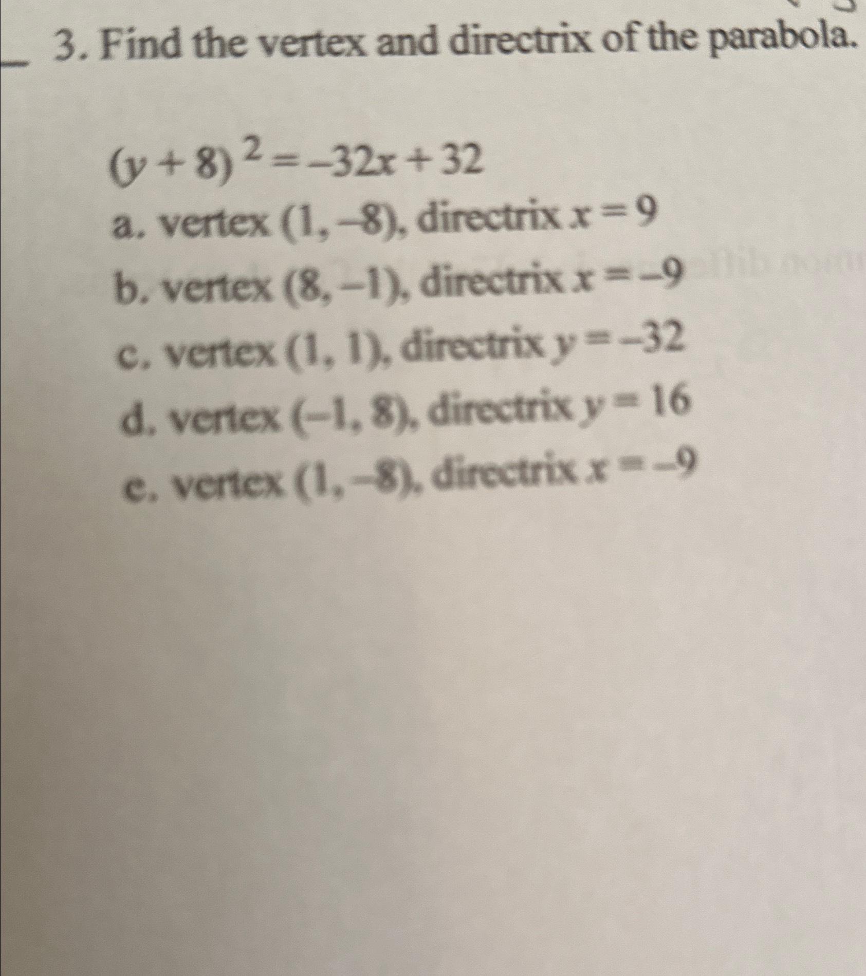 Solved Find the vertex and directrix of the | Chegg.com