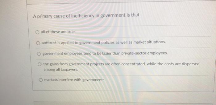 Solved A primary cause of inefficiency in government is that | Chegg.com