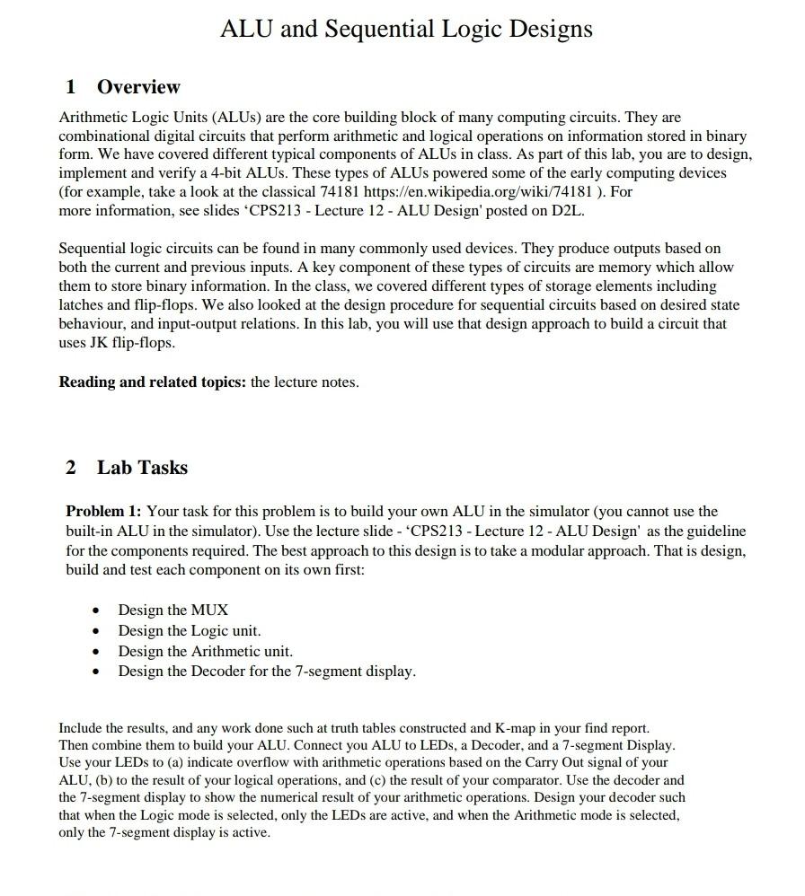ALU and Sequential Logic Designs 1 Overview | Chegg.com