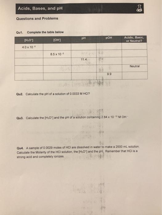 Solved Acids, Bases, and pH Questions and Problems Qu1. | Chegg.com