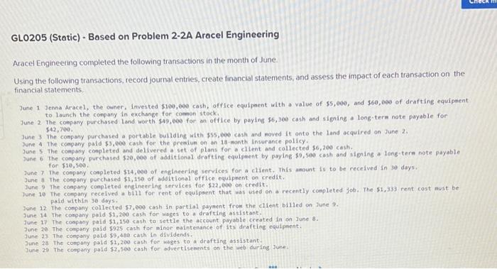 Solved GL0205 (Static) - Based on Problem 2-2A Aracel | Chegg.com