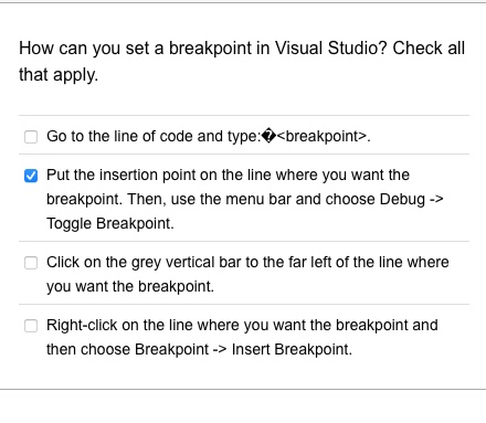 Solved How can you set a breakpoint in Visual Studio? Check | Chegg.com