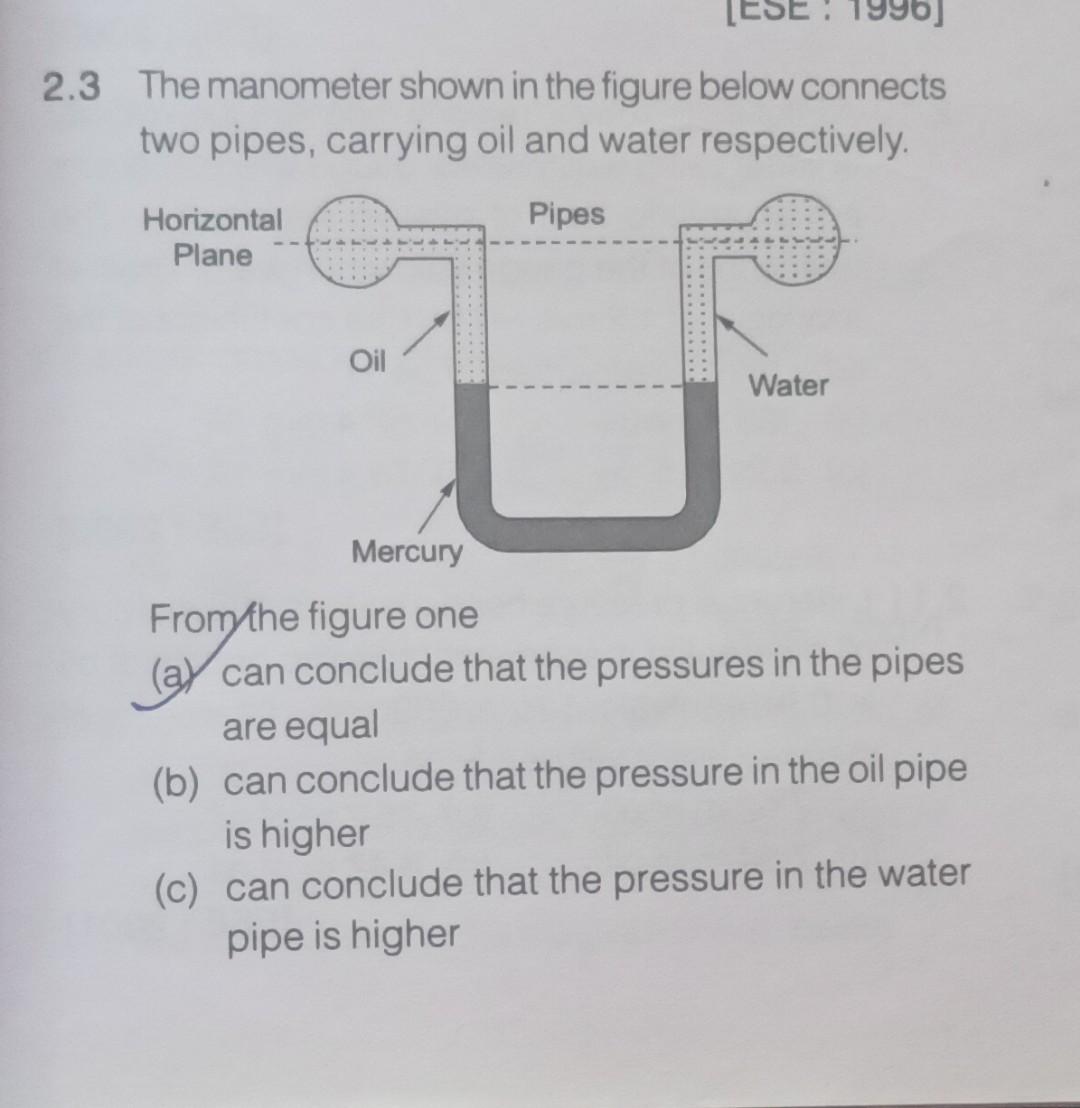 Solved 2.3 The manometer shown in the figure below connects | Chegg.com