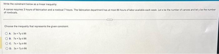 Solved Write the constraint below as a linear inequality A | Chegg.com