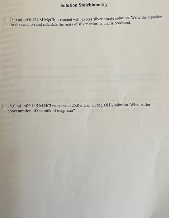 Solved Solution Stoichiometry 1. 25.0 mL of 0.124 M MgCl₂ is | Chegg.com