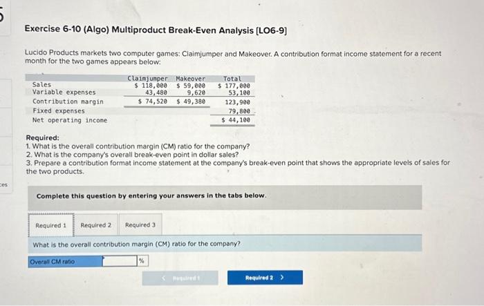 Exercise 6-10 (Algo) Multiproduct Break-Even Analysis | Chegg.com