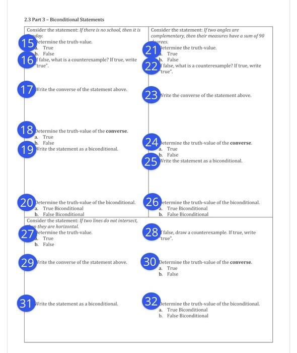 Solved 2.3 Part 3 - Biconditional Statements Consider the | Chegg.com
